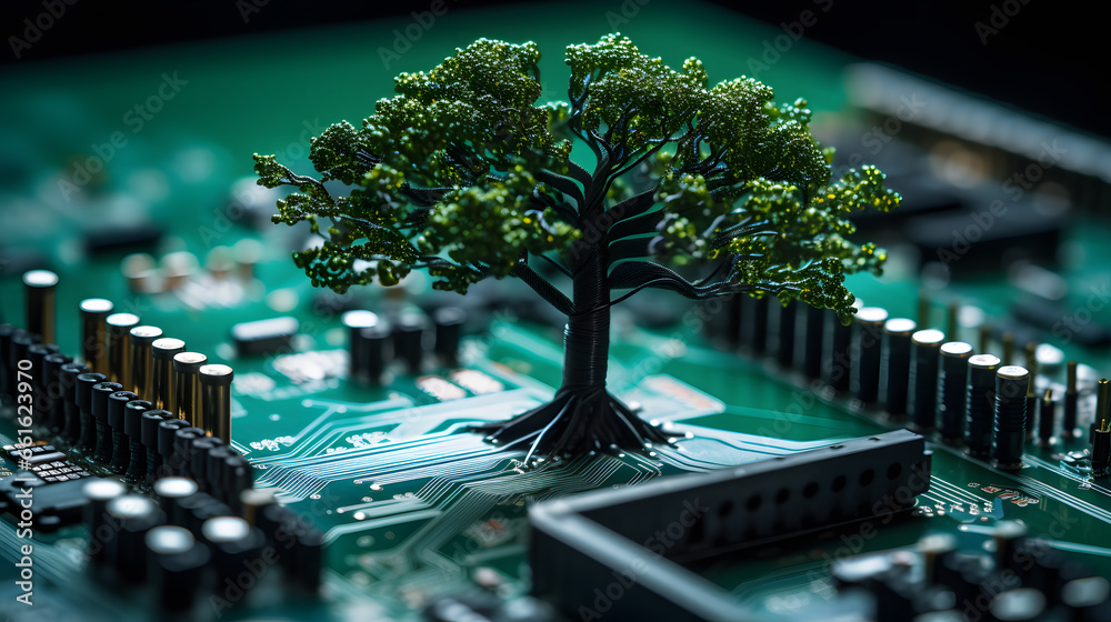 Green tree growing on computer motherboard. electronic circuit board ...