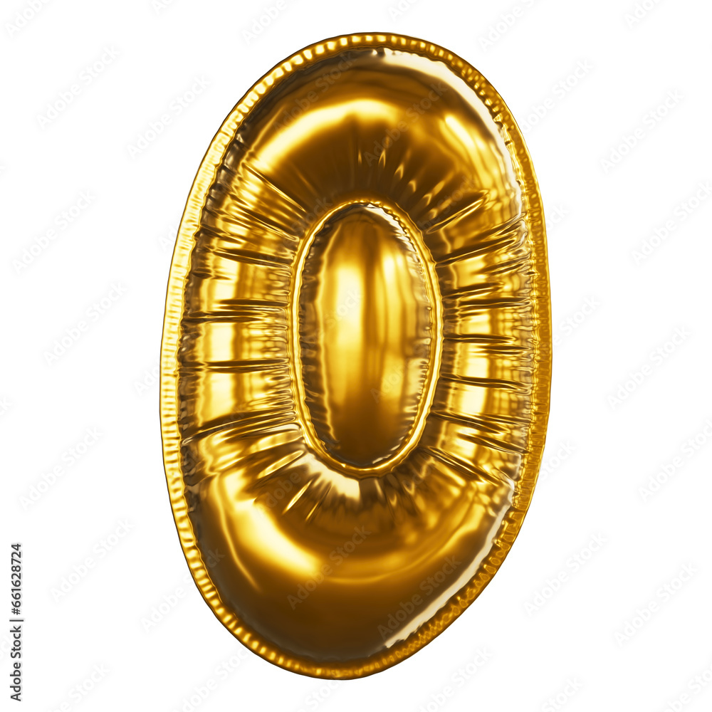 Realistic gold font 3D render - number 0. Inflated Balloons gold foil ...