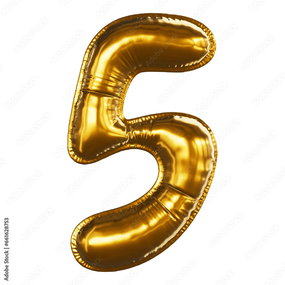Realistic gold font 3D render - number 5. Inflated Balloons gold foil ...