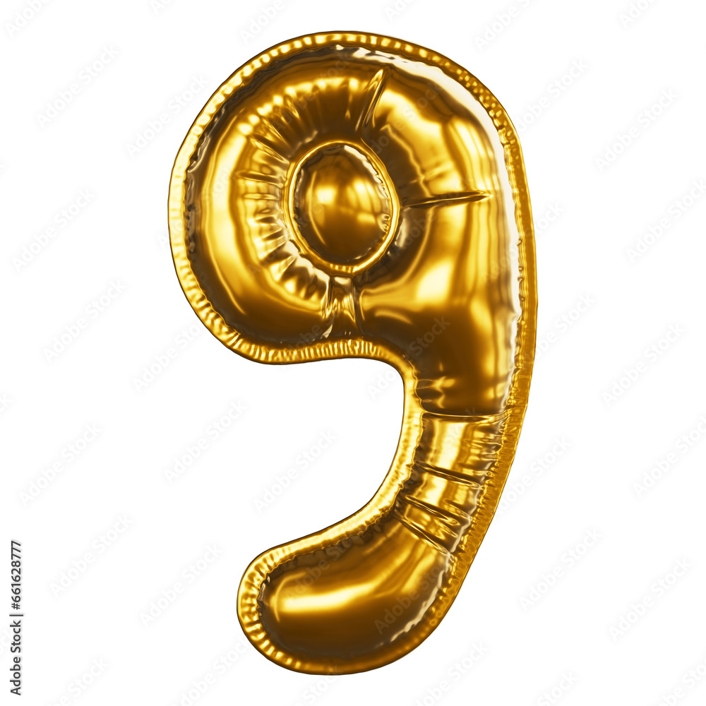 Realistic gold font 3D render - number 9. Inflated Balloons gold foil ...