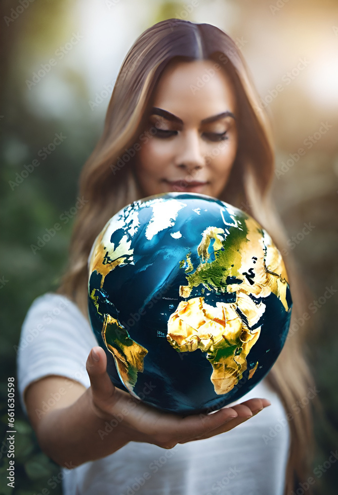 Woman holding planet oblique spheroid Earth in the palm of her hand ...
