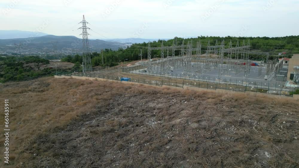 High voltage power station. View from flying drone. Wide angle, high ...