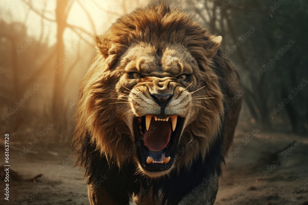 A detailed close-up of a lion showing its powerful open mouth. Perfect ...