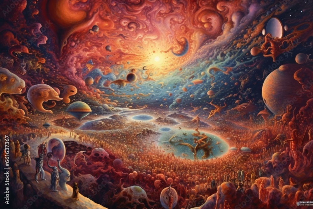 Depiction of the merging of different universes, giving rise to a new ...