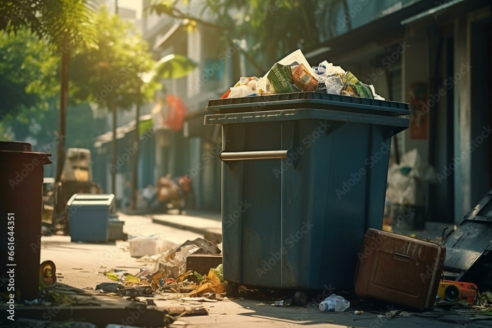Overflowing garbage bin in the polluted city. Lack of waste sorting and ...