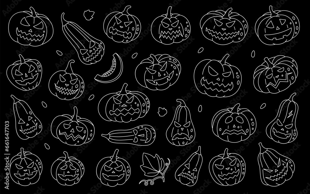 Halloween pumpkins faces outline set. Autumn pumpkins scary faces ...