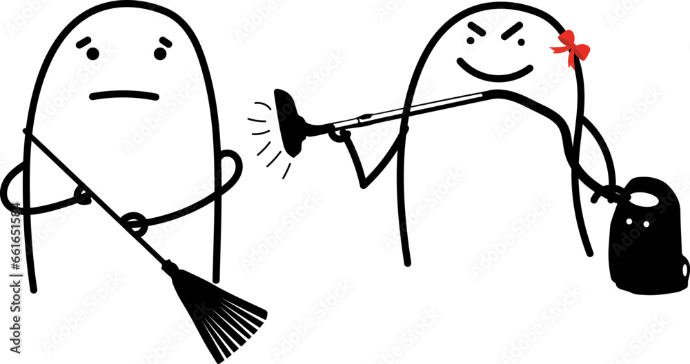 Thumb man. One person sweeping the house and another playing with the ...