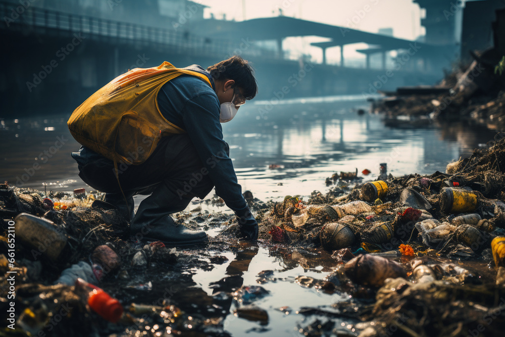 A visually striking background featuring a person cleaning up a ...