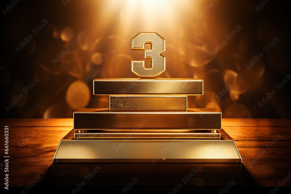 Gold trophy for third place. The number three is on a golden pedestal ...