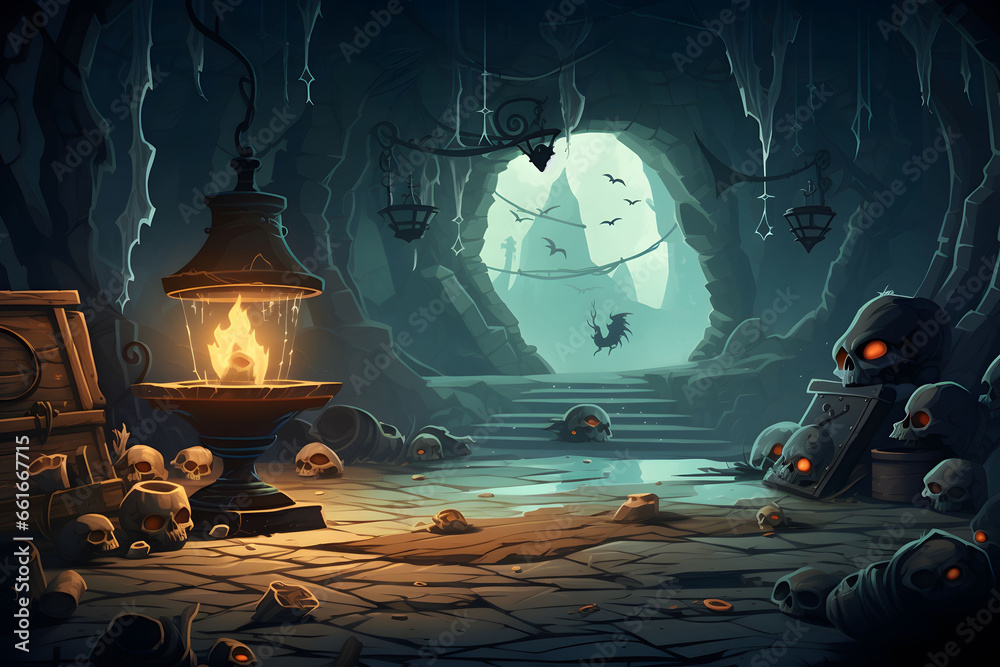 A Halloween vector background portraying a witch's lair with bubbling ...