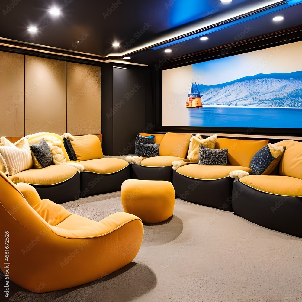A retro, 1970s-inspired home theater with shag carpet, bean bag chairs ...