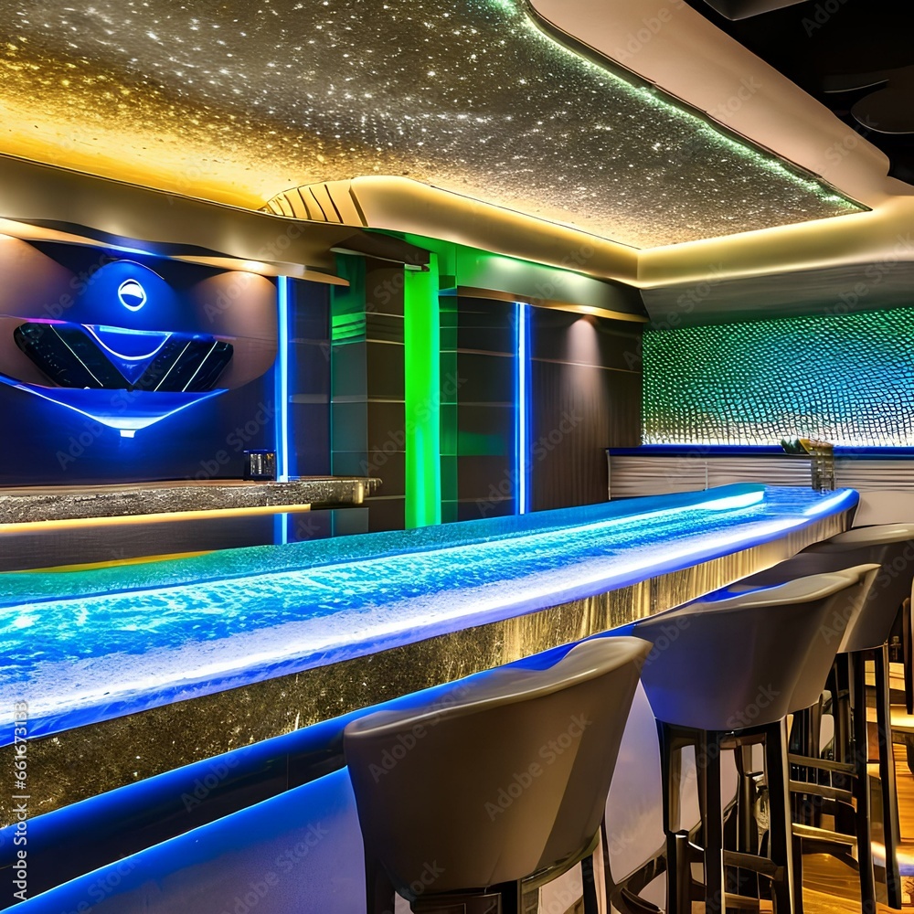 A futuristic, spaceship-inspired basement bar with LED lighting ...