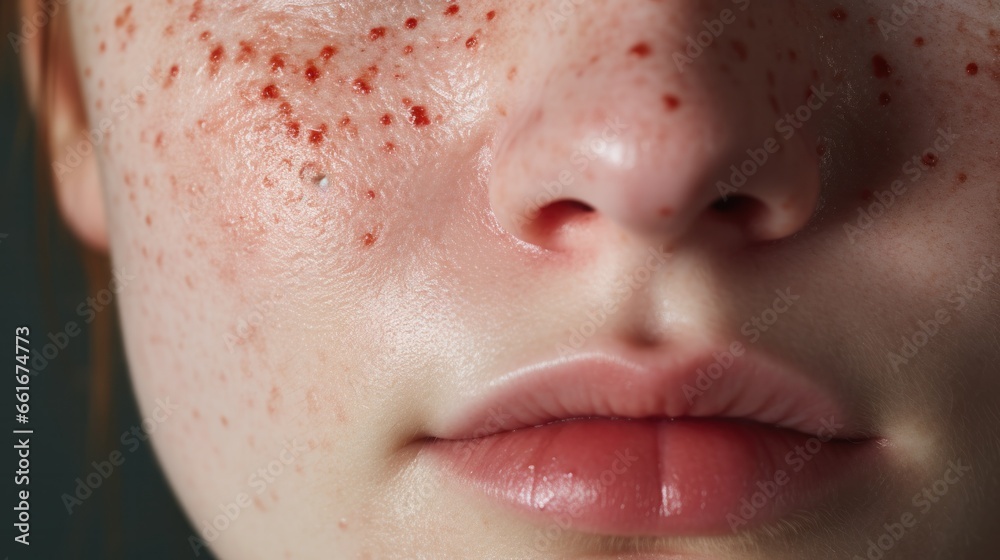 acne on woman face with rash skin, scar, and red skin syndrome allergic ...