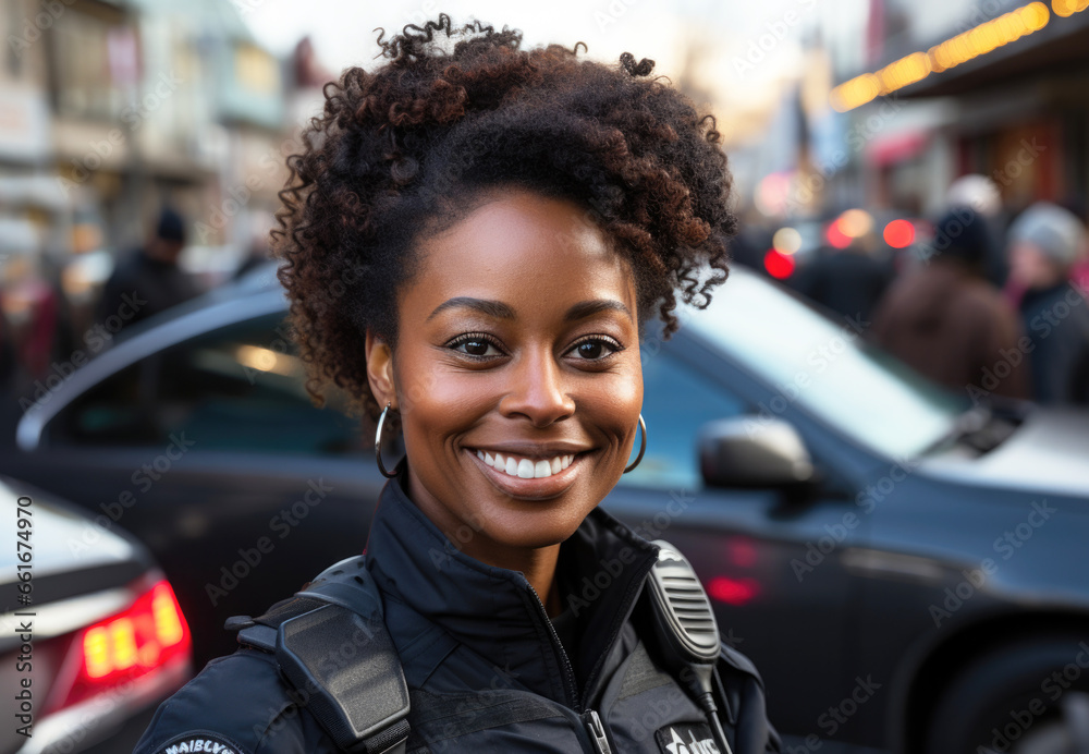 Portrait of Black woman police officer on street smiling Stock Photo ...
