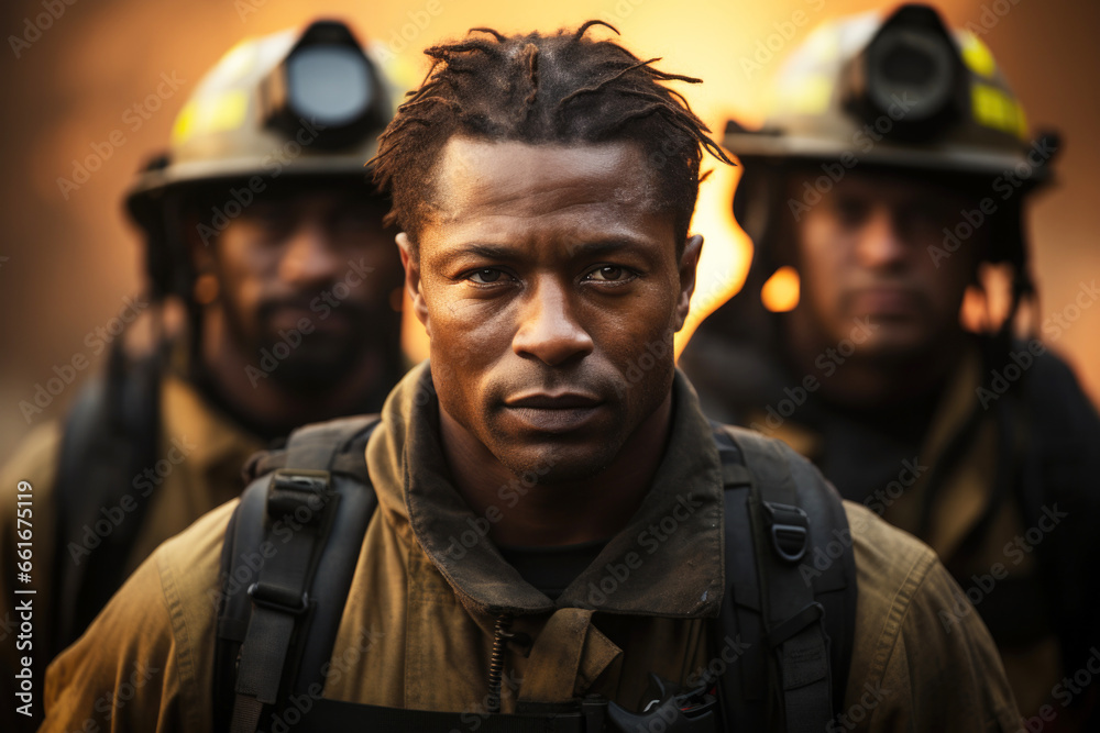 Group portrait of black firefighters in uniforms in front of wildfire ...