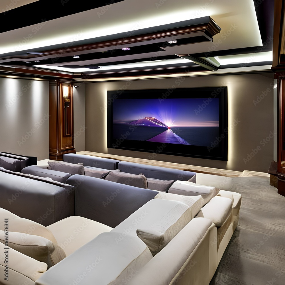 A high-tech, home cinema with a 4K projector, plush theater seating ...