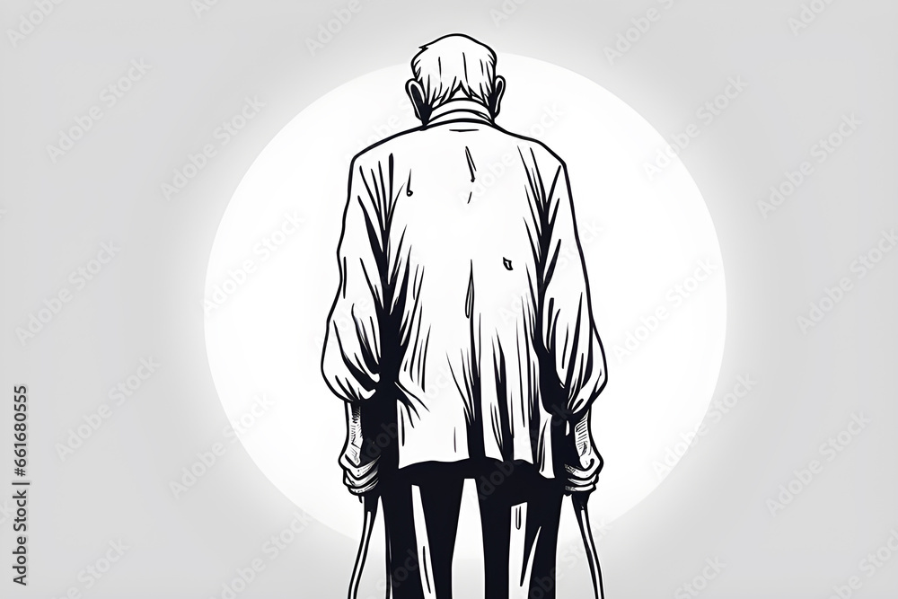 an old man standing with a cane in a stoop. human body anatomy ...