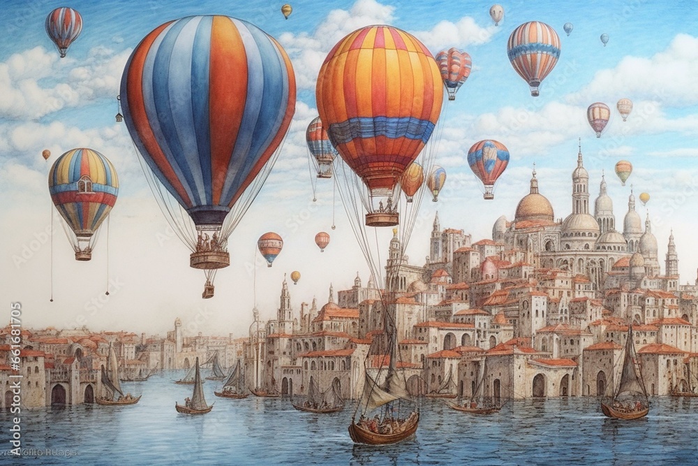 Colored pencil drawing of captive balloons with boat-shaped gondolas ...