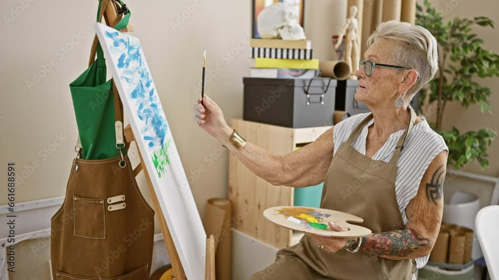 Mature, grey-haired female artist fully immersed in her art, diligently ...