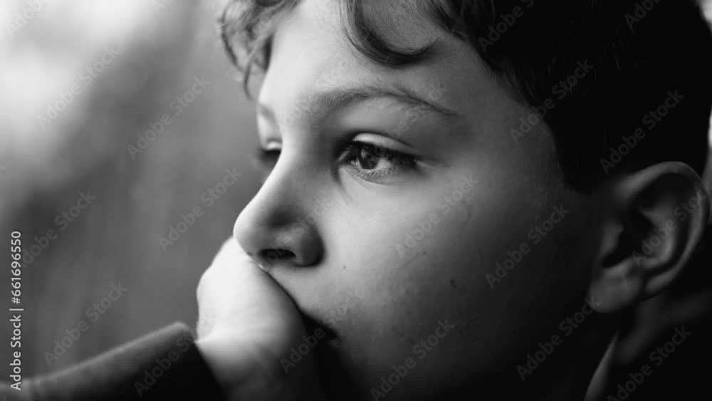 Sad depressed child looking out at public transportation window in ...