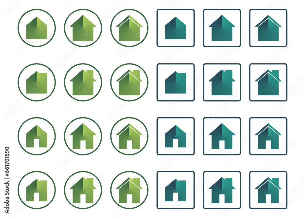 home icon set, set of house icon, home sign in circle and square with ...