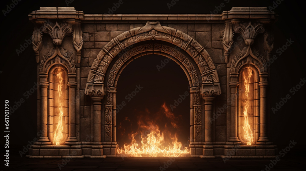 Ancient classic architecture stone arches with flames. ai generative ...