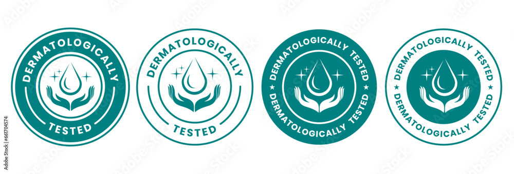 Set dermatologically tested vector label with water drop, leaf and hand ...