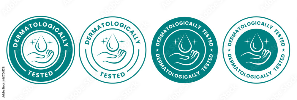 Set dermatologically tested vector label with water drop, leaf and hand ...