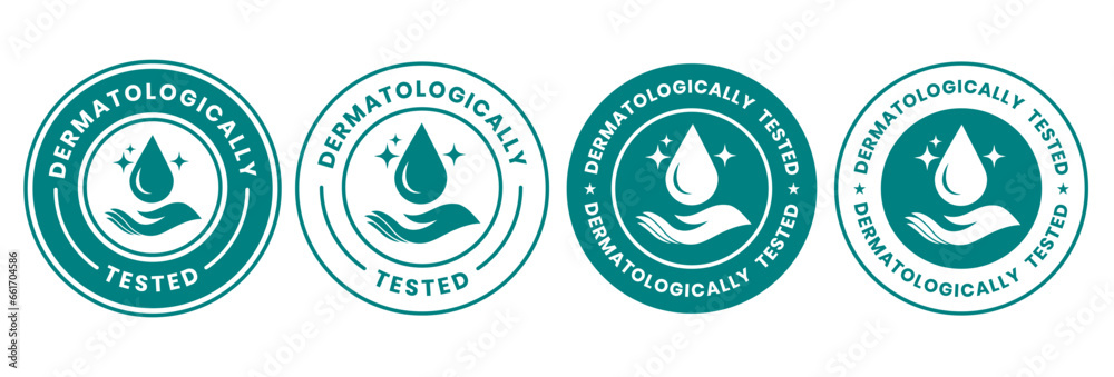 Set dermatologically tested vector label with water drop, leaf and hand ...