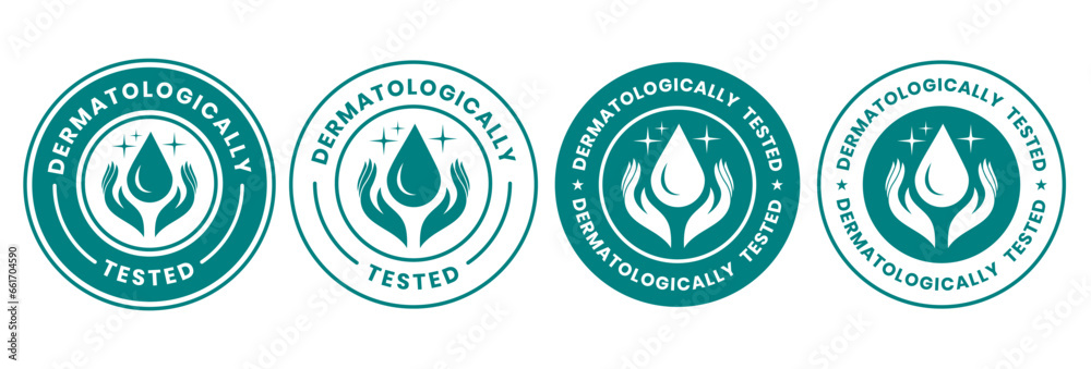 Set dermatologically tested vector label with water drop, leaf and hand ...