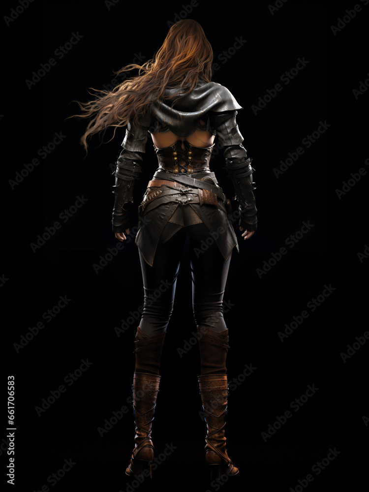 femme guerrière de fantasy médiévale corps entier de dos sur fond noir, AI illustration Stock ...