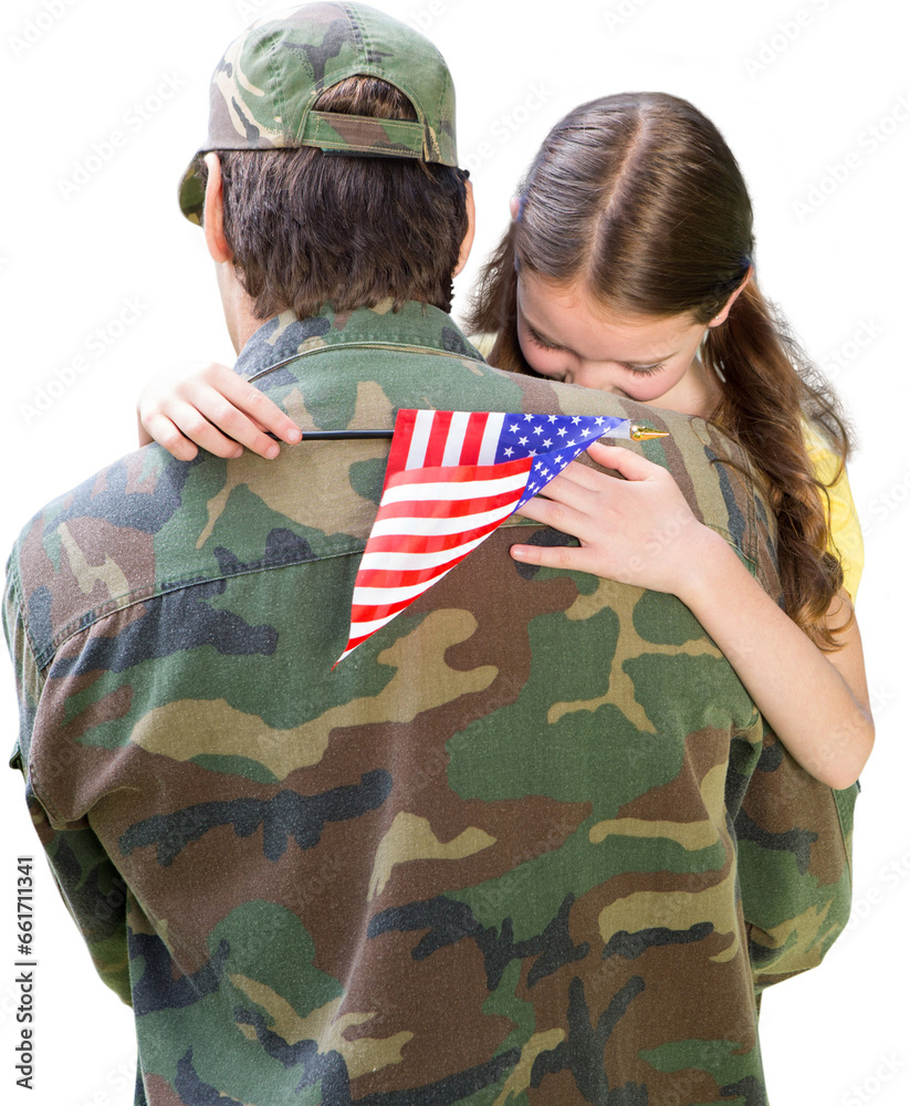 Digital png photo of back of caucasian soldier hugging daughter on ...