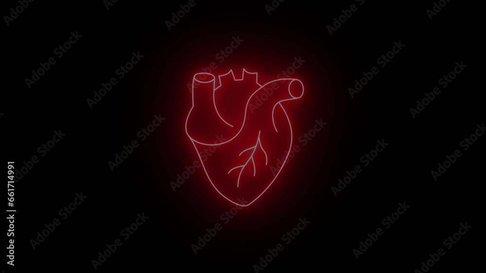 Neon human heart animation. Animation of a beating glowing human heart ...