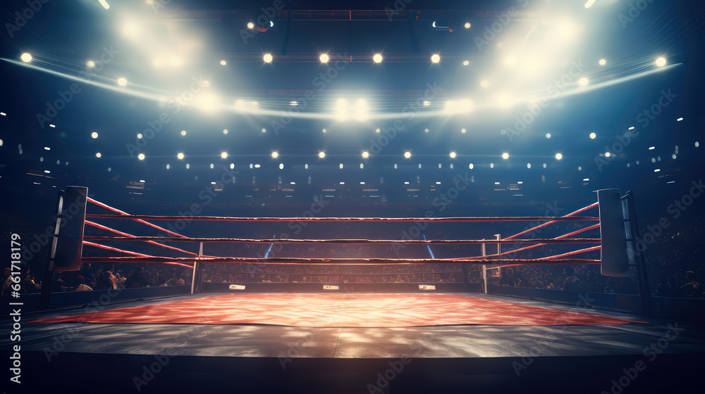 Empty wrestling boxing ring filled with spotlights, competition arena ...