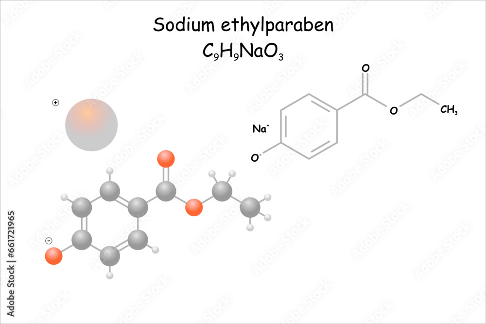 Sodium ethylparaben. Stylized molecule model and structural formula. Stock Vector | Adobe Stock