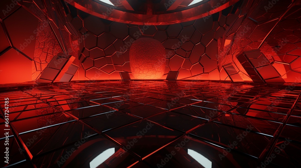 Intricate scarlet-hued grids creating depth and complexity, immersing ...