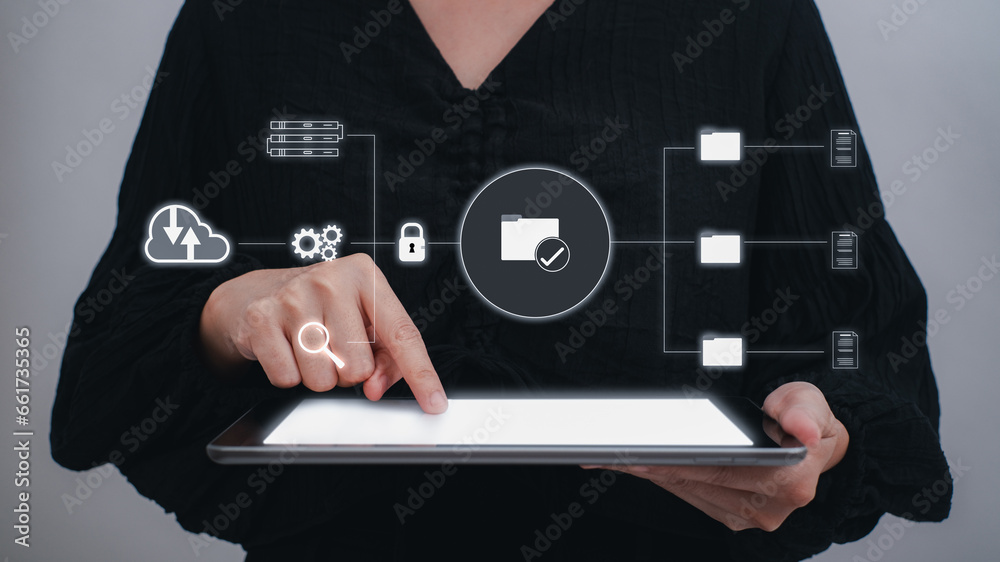 Hand holding tablet Data Sync concept, Transfer file of data between ...