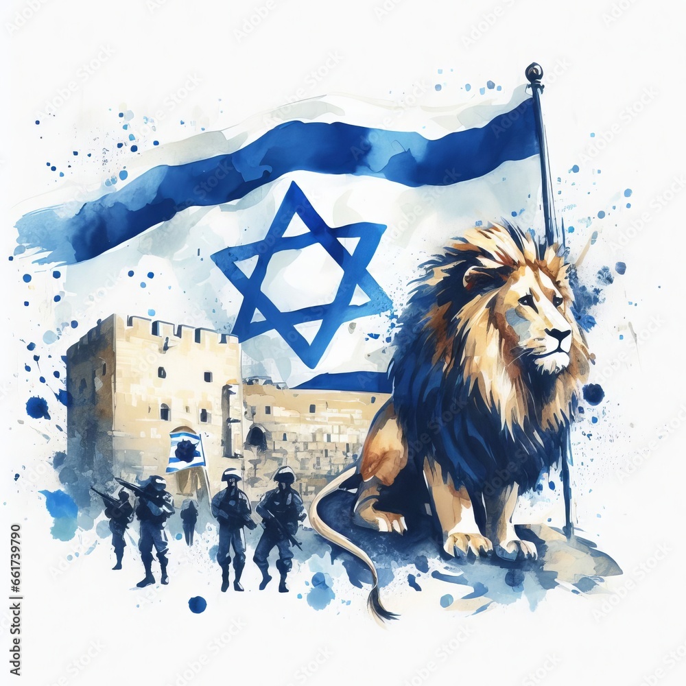 Generative AI illustration image of the flag of Israel with lion and ...