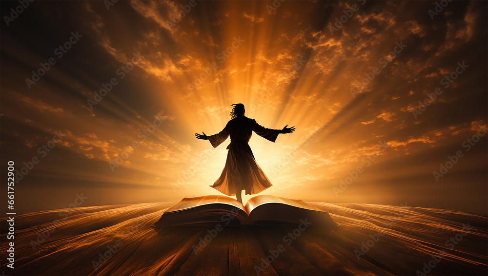 the silhouette of an open Bible stands prominently. From its pages ...