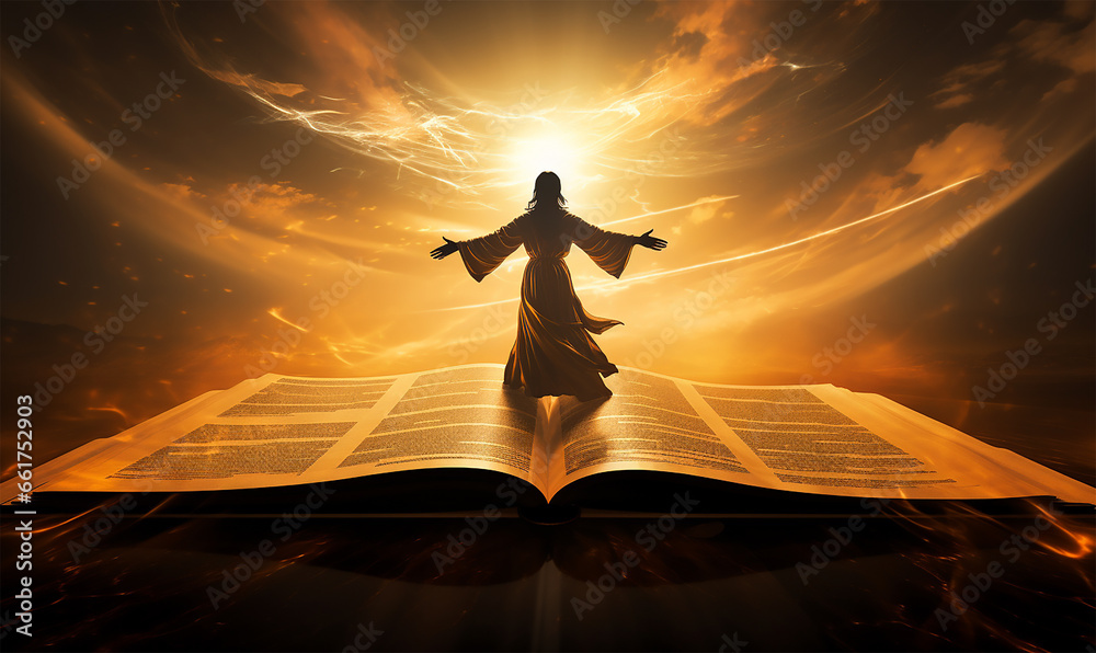 the silhouette of an open Bible stands prominently. From its pages ...