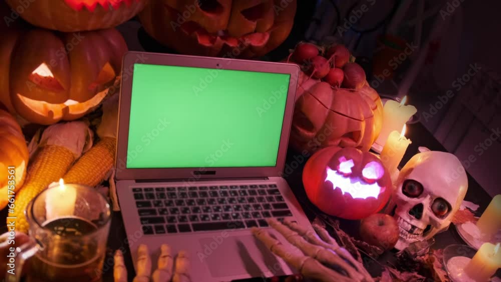 Creepy skeletal hands using a laptop with a green screen lying near ...