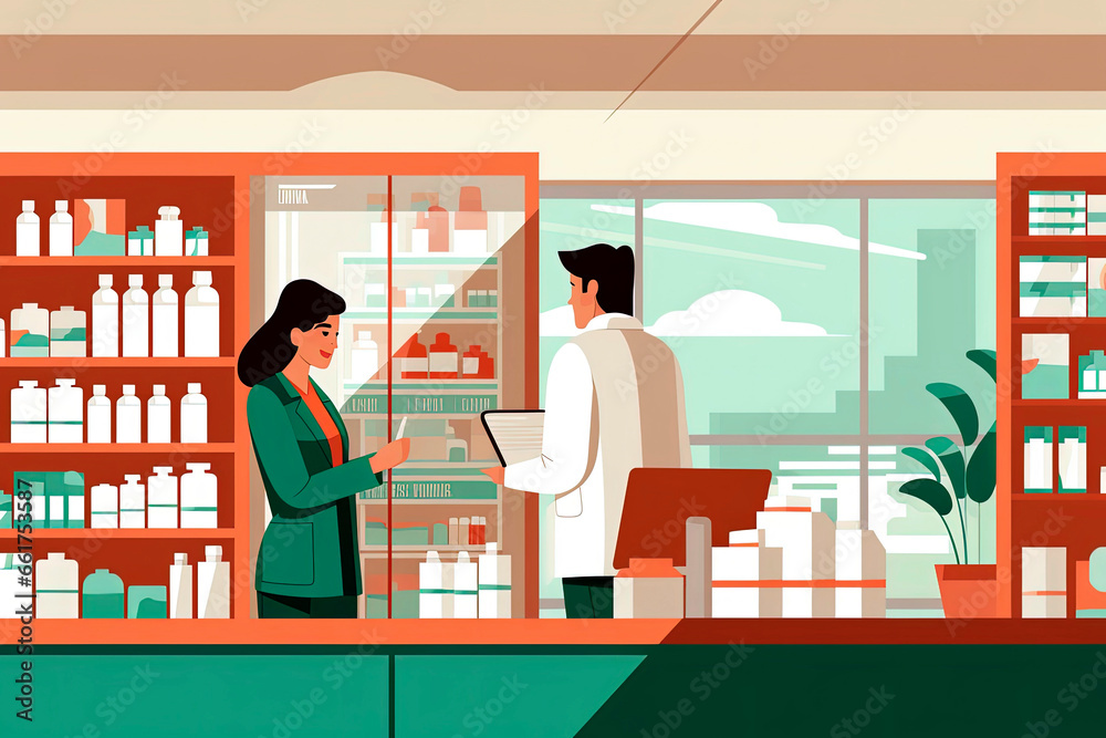 Generative AI illustration of pharmacists in the pharmacy selling ...