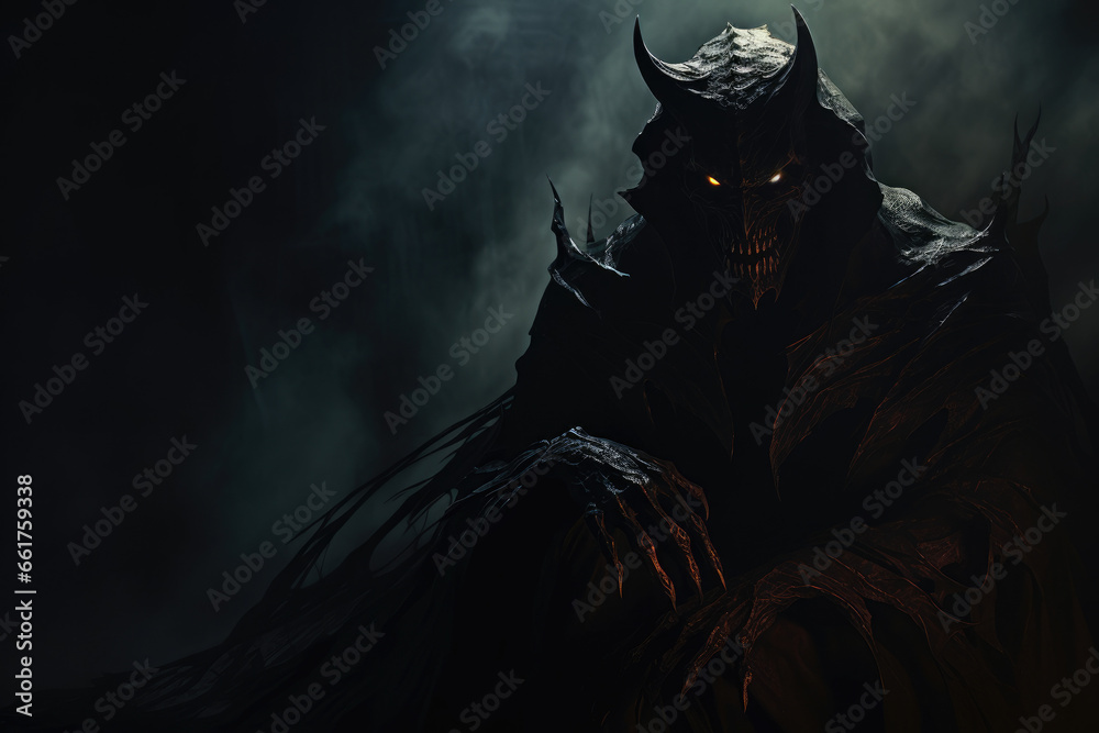 Dark menacing devil figure shrouded in shadows Stock Photo | Adobe Stock