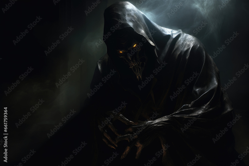 Dark menacing devil figure shrouded in shadows Stock Photo | Adobe Stock