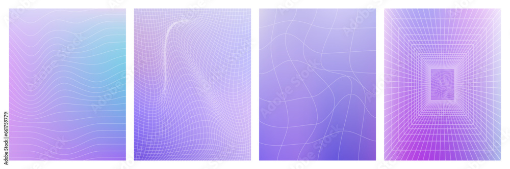 Set of geometry wireframe grid on violet gradient background. 3D ...