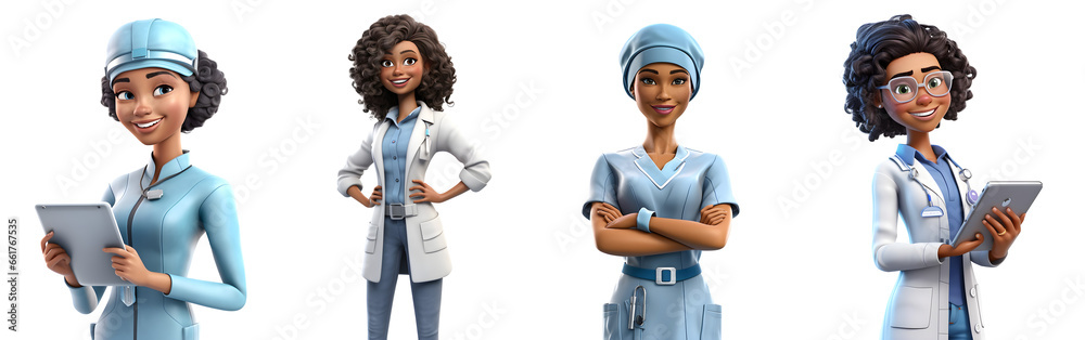 Set of 3D cartoon character happy smiling doctor young women standing ...