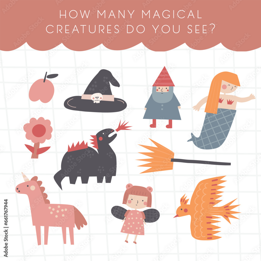 Logical fairy tale game for kids. Cute hand drawn doodle funny puzzle ...