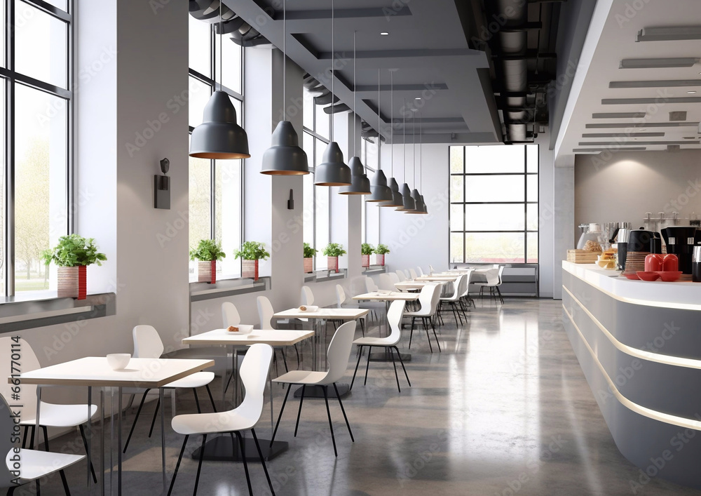 Modern interior office building cafeteria with large windows.Empty.AI ...