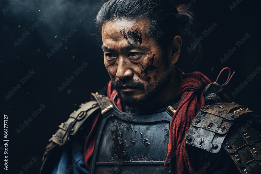 Portrait of a samurai warrior in traditional armor with katana Stock ...