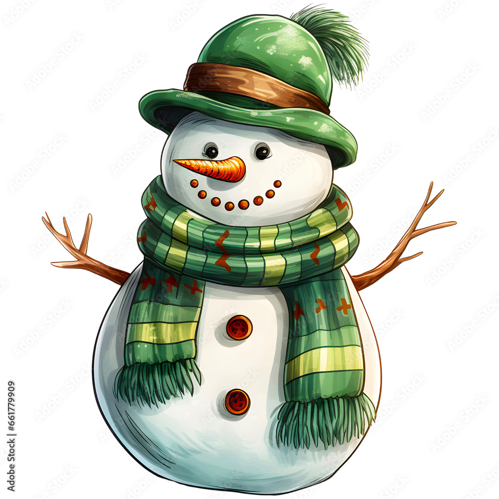 Cute green snowman watercolor design with transparent background, PNG ...